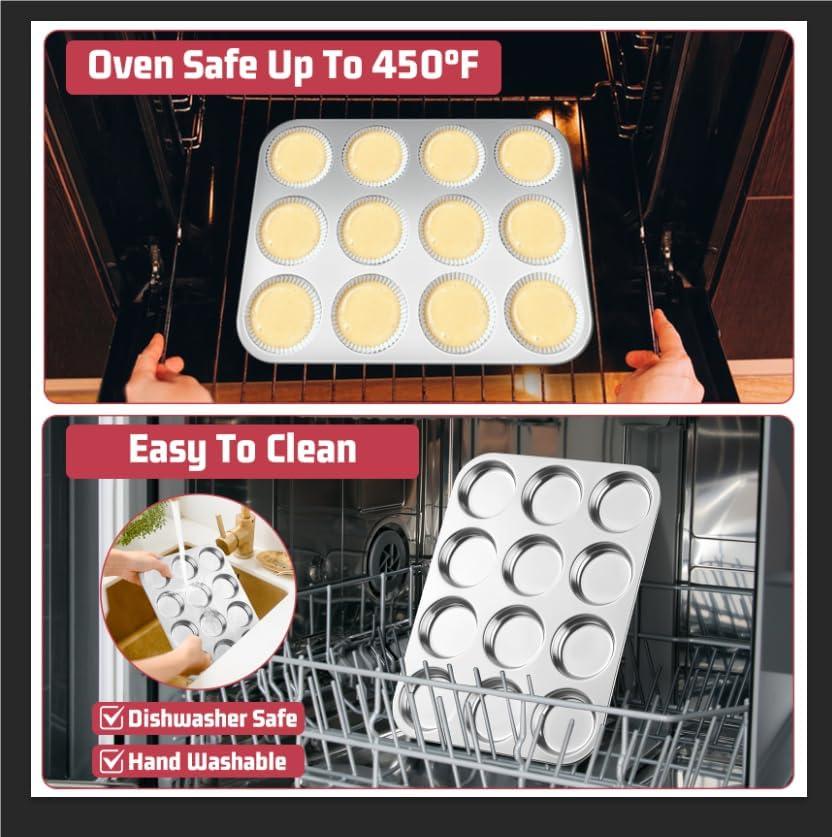 E-far 12-Cavity Muffin Top Pan, Stainless Steel Shallow Cupcake Pan for ...