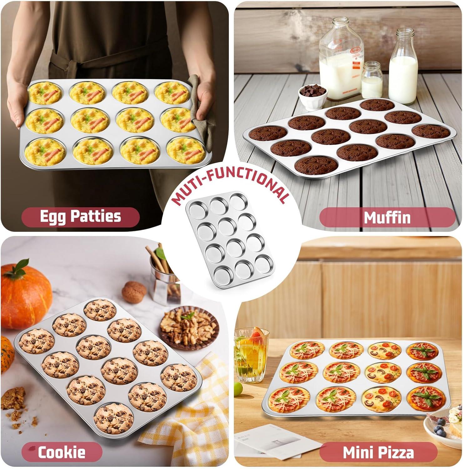 E-far 12-Cavity Muffin Top Pan, Stainless Steel Shallow Cupcake Pan for ...